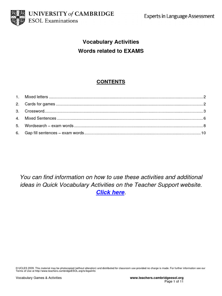 Vocabulary Activities - Exam Words | PDF | Thesis | University And ...