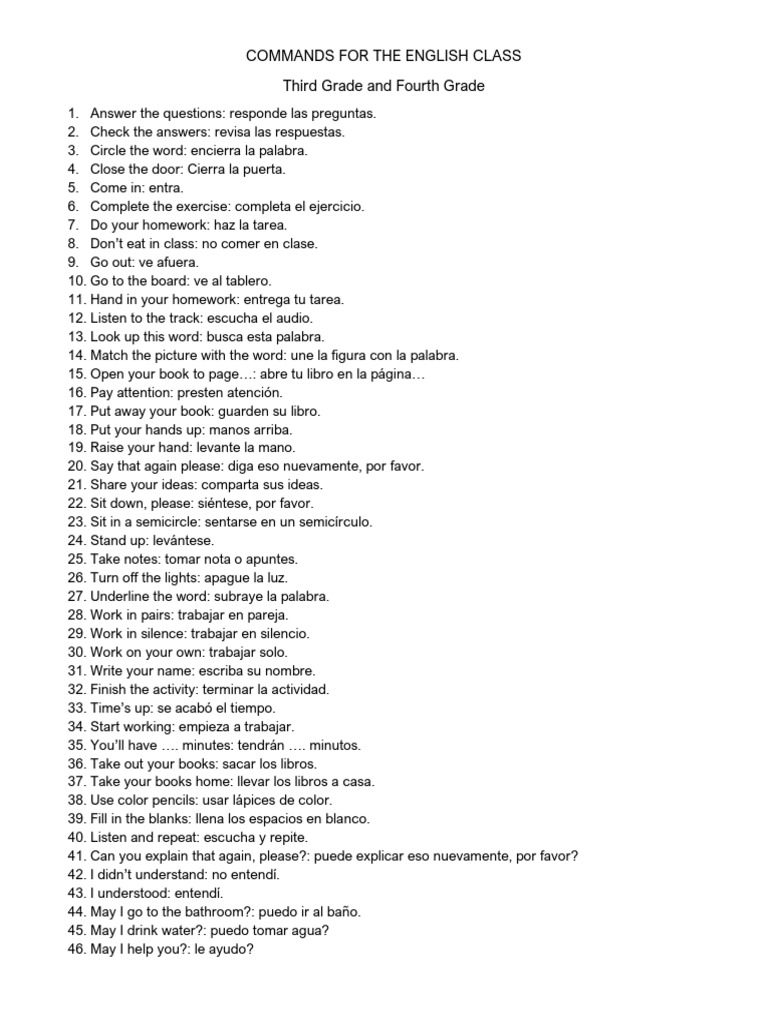 Commands For The English Class 2022 | PDF