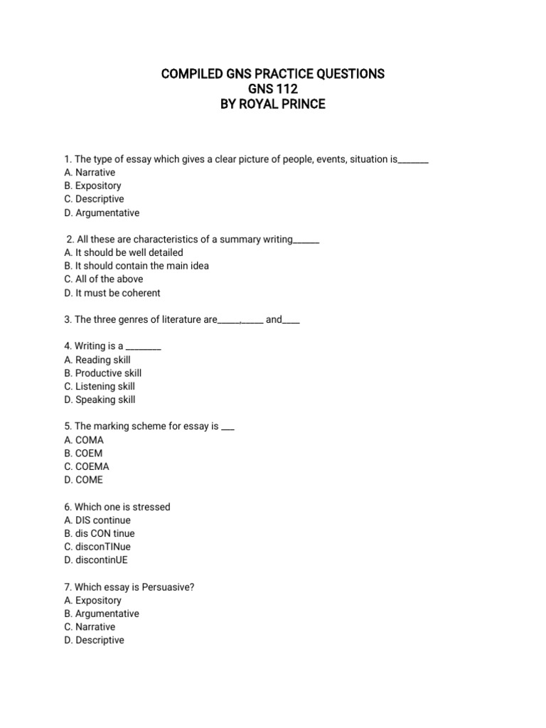 Gns 112 Past Questions and Answers by Royal Prince | PDF