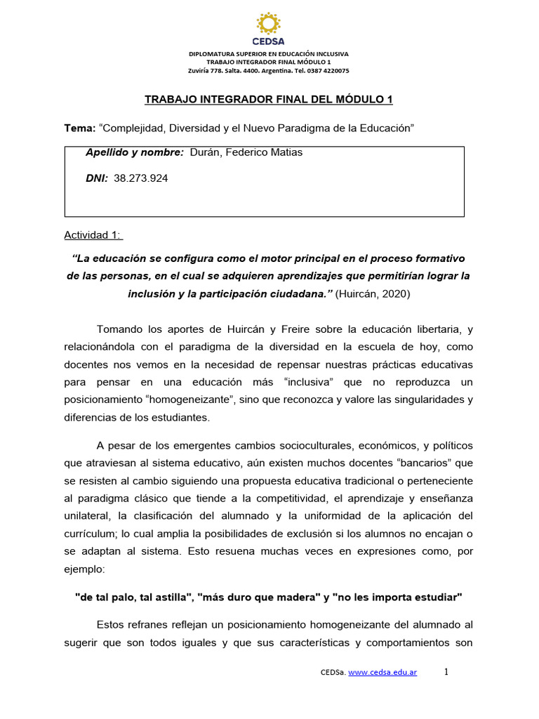 TRABAJO INTEGRADOR FINAL DEL MÓDULO 1 - “Complejidad, Diversidad y El Nuevo Paradigma de La ...