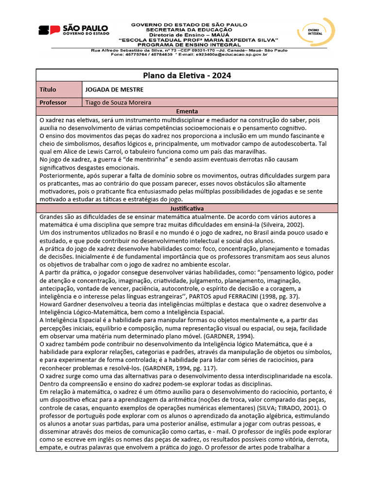 PLANO ELETIVA 2024 - Prof. Tiago | PDF | Xadrez | Inteligência