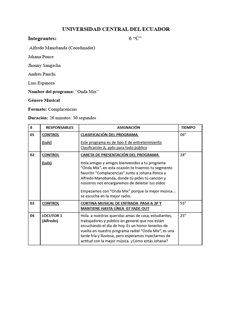 Guión - Programa Musical | PDF