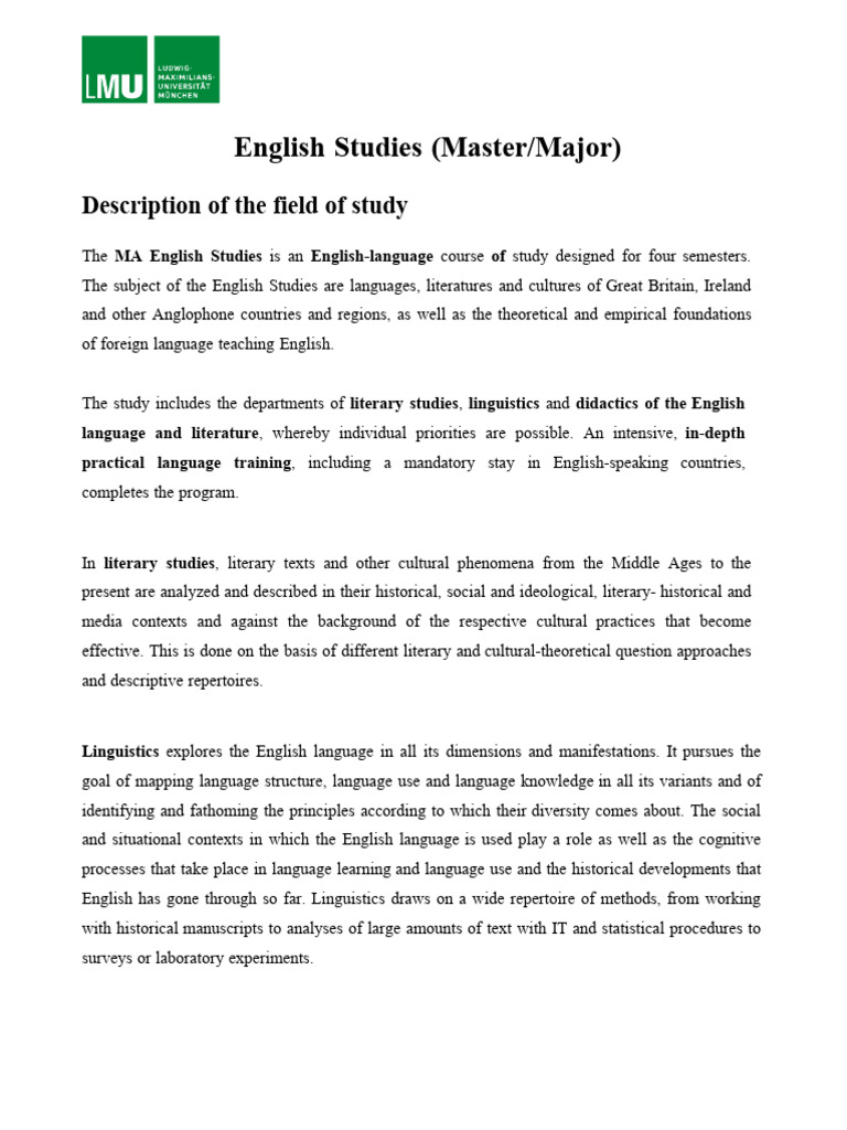 English Studies (Master - Major) 4459 - LMU Munich | PDF | Academic Degree | English Studies