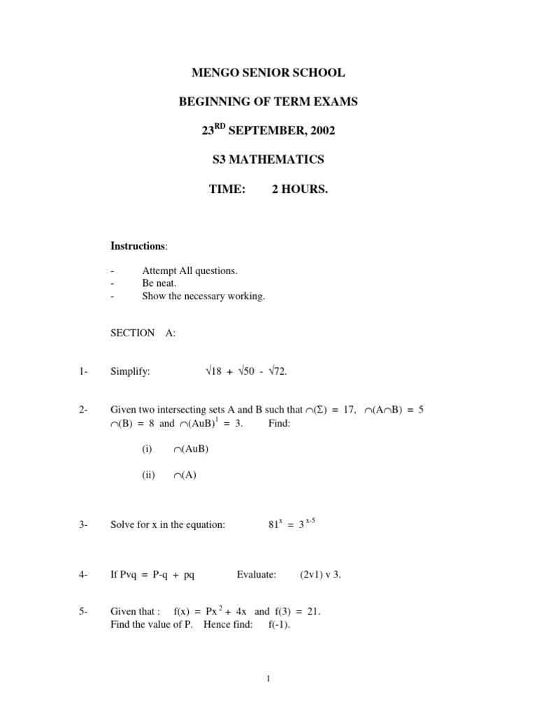 S3 Mathematics Paper 1-Mengo Senior School Beginning of Term 3 Exams ...