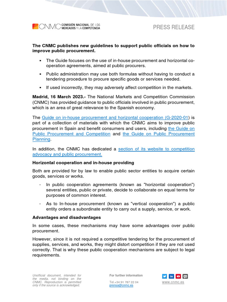 Press Release: The CNMC Publishes New Guidelines To Support Public Officials On How To Improve ...