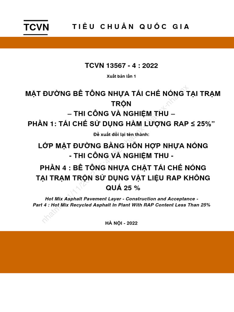 TCVN 13567-4-2022 - Mặt đường BTN tái chế nóng tại trạm-Thi công nghiệm thu | PDF