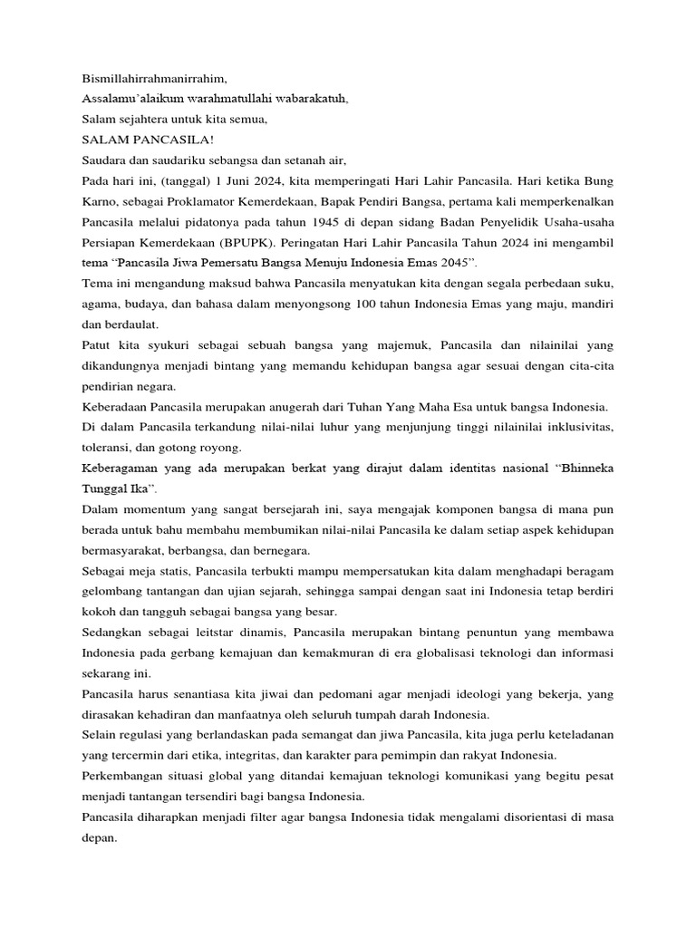 Sambutan Inspektur Upacara Hari Kesaktian Pancasila 2024 | PDF