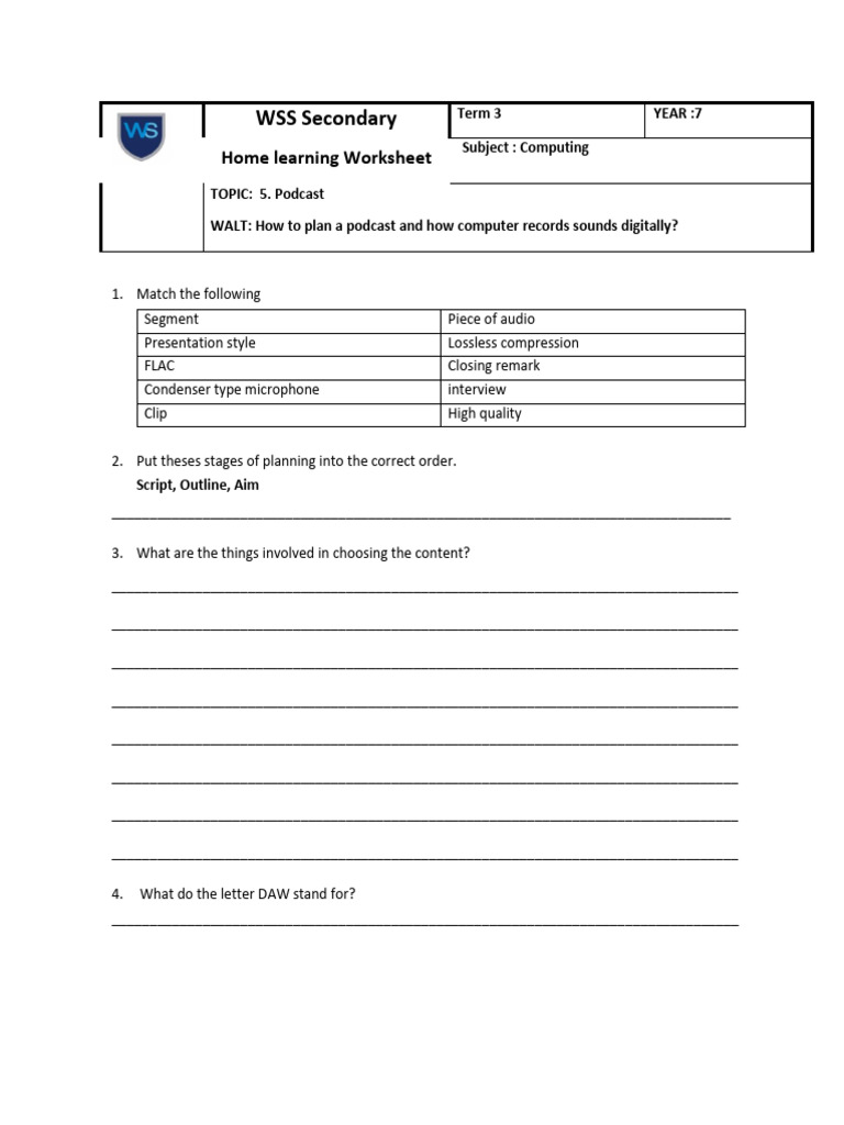 Y7 term 3 revision worksheet podcast | PDF | Data Compression | Podcast