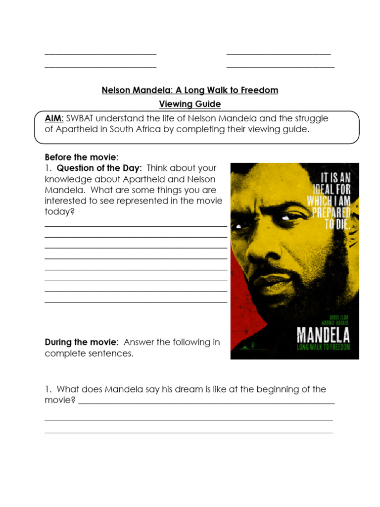 Nelson Mandela ALong Walkto Freedom Movie Questions Viewing Guide | PDF ...