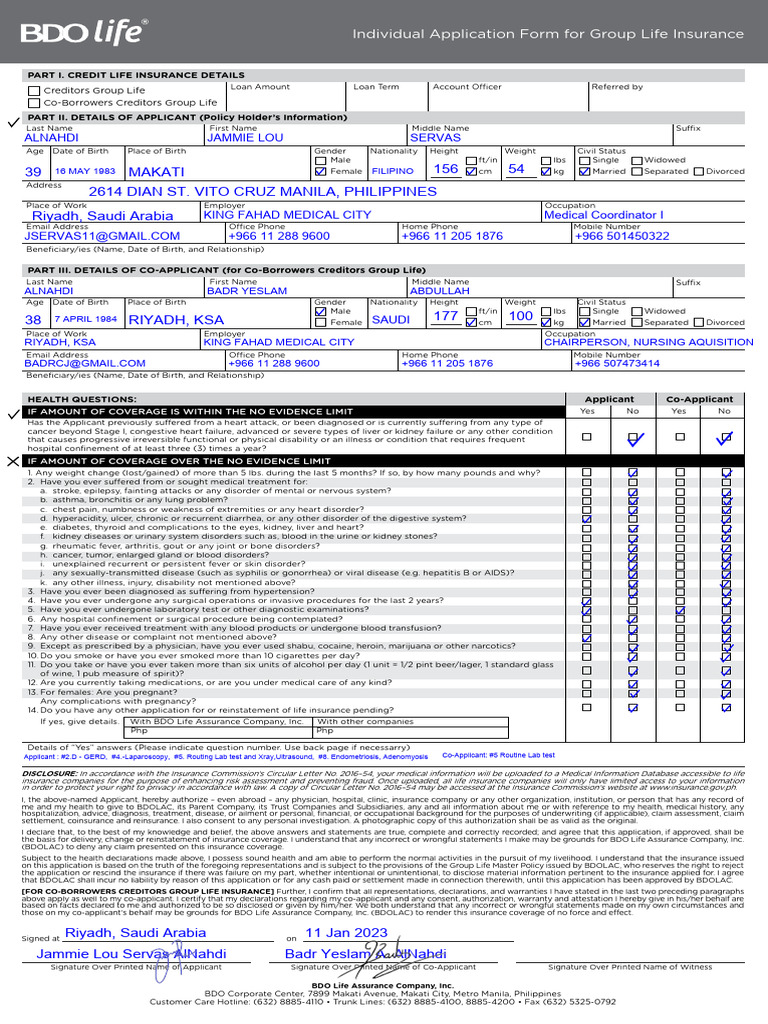 BDO Group Life Insurance Application Form | PDF | Mental Disorder ...