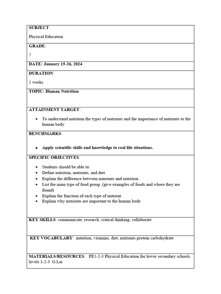 Nutrition Lesson Plan | PDF | Nutrients | Nutrition
