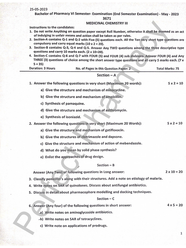 B Pharma 6th Sem Ques Paper May 2023 | PDF
