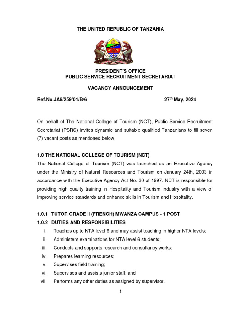 Vacancy Announcement - He National College of Tourism (NCT) | PDF ...