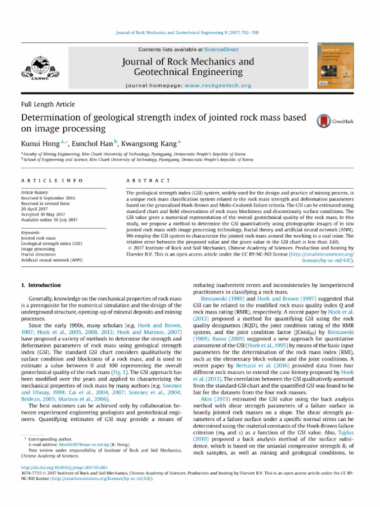 Determination of Geological Strength Index of Jointed Rock Mass Based ...