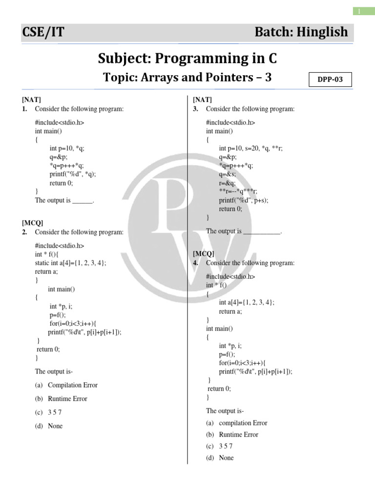Arrays and Pointers - DPP 03 (Of Lec 06) - Parakram GATE 2024 Computer ...