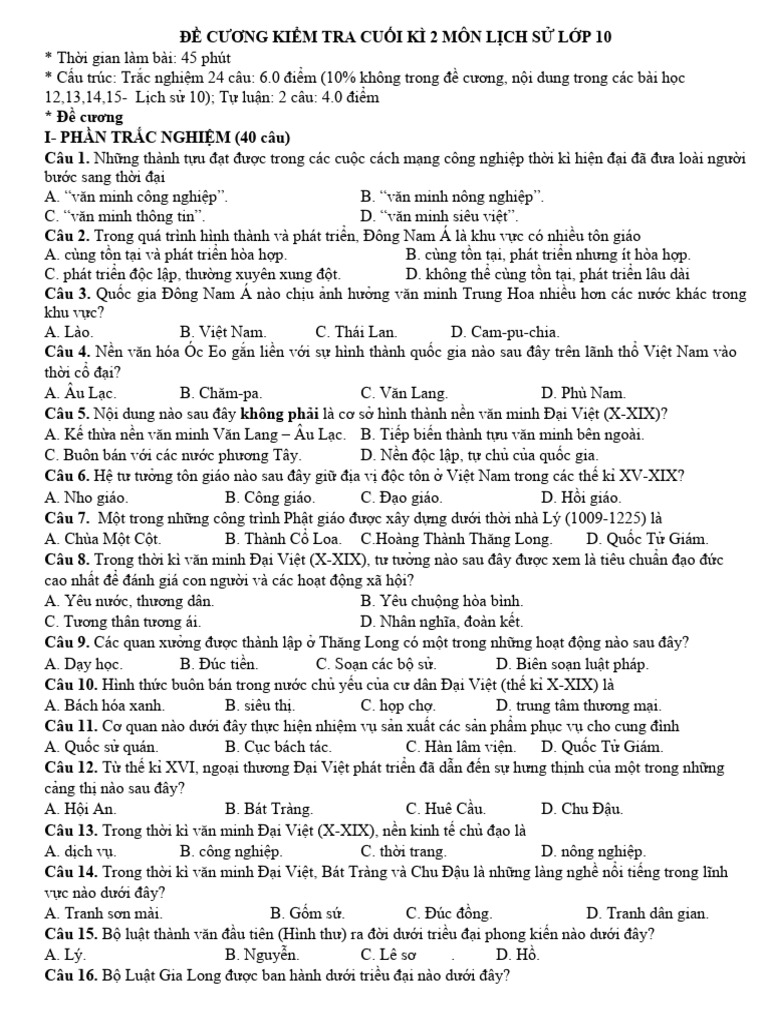 Đề Cương Lịch Sử 10 - HK2 | PDF