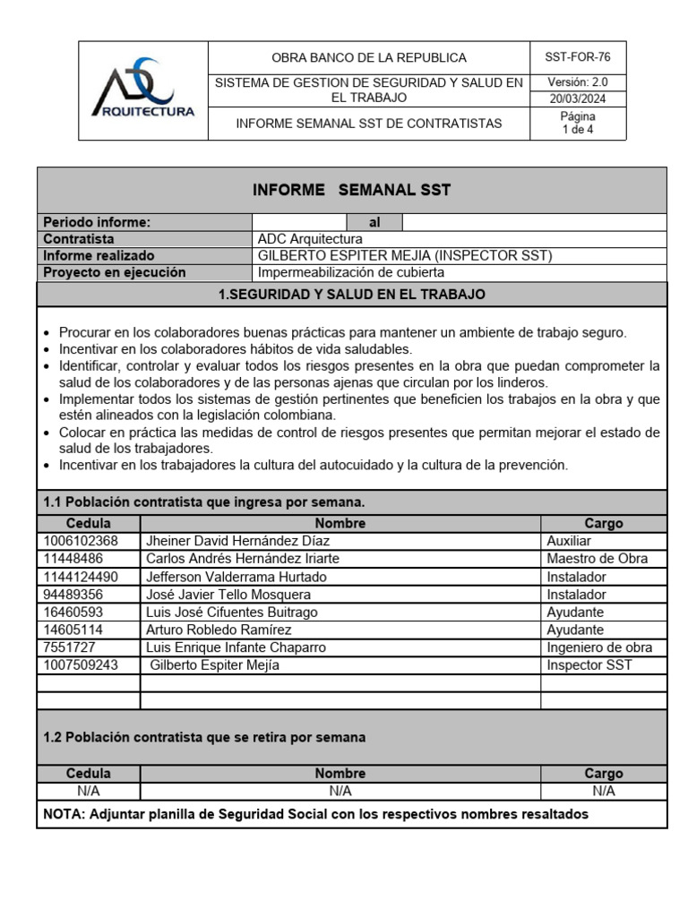 Sst-For-76 Informe Semanal SST Adc Arq | PDF