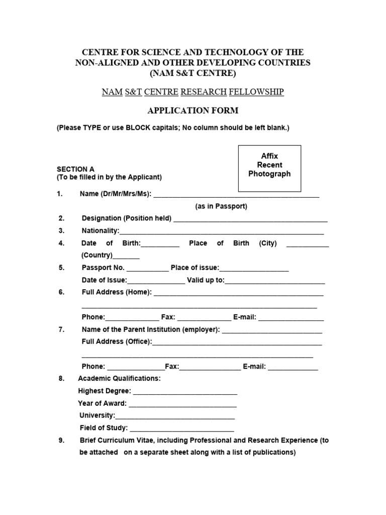 NAM S&T Centre Fellowship Application Form | PDF