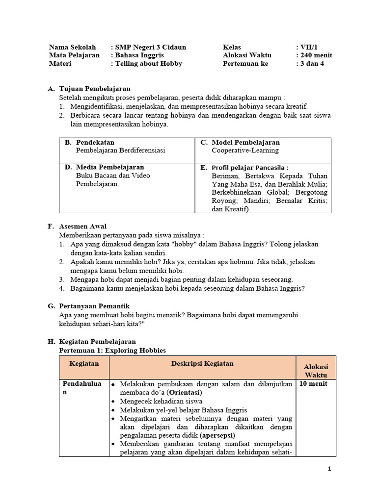 Modul Ajar Telling Hobbies | PDF