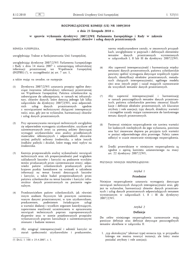 Rozp 1089 2010 Interoperacyjnosc | PDF