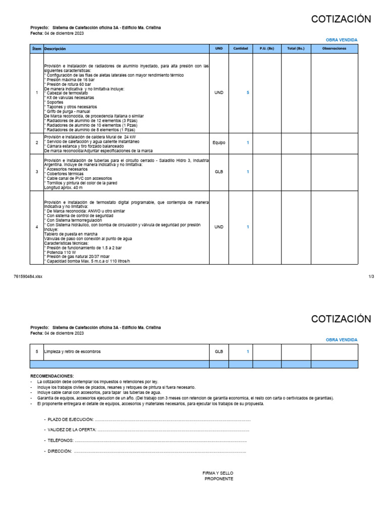 Hoja de COT - Calefaccion 3A | PDF | Ingeniería mecánica | Electrodoméstico