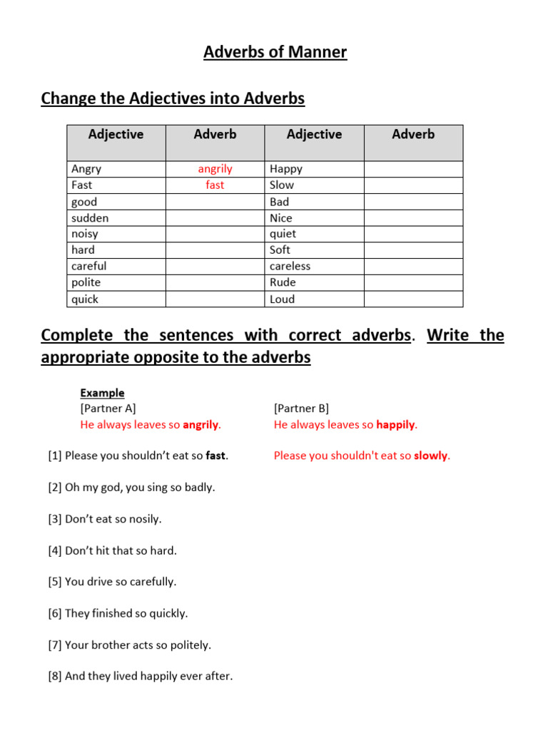 Adverbs of Manner | PDF | Adverb | Verb