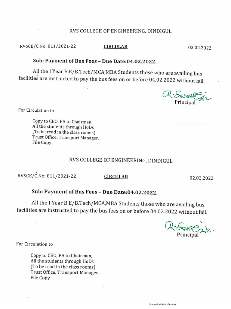 Bus Fees Circular | PDF