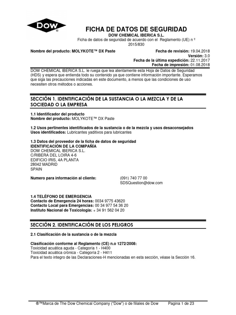 MSDS-MOLYKOTE™ DX Paste - ES | PDF | Toxicología | Petróleo MSDS-MOLYKOTE™ DX Paste - ES | PDF | Toxicología | Petróleo