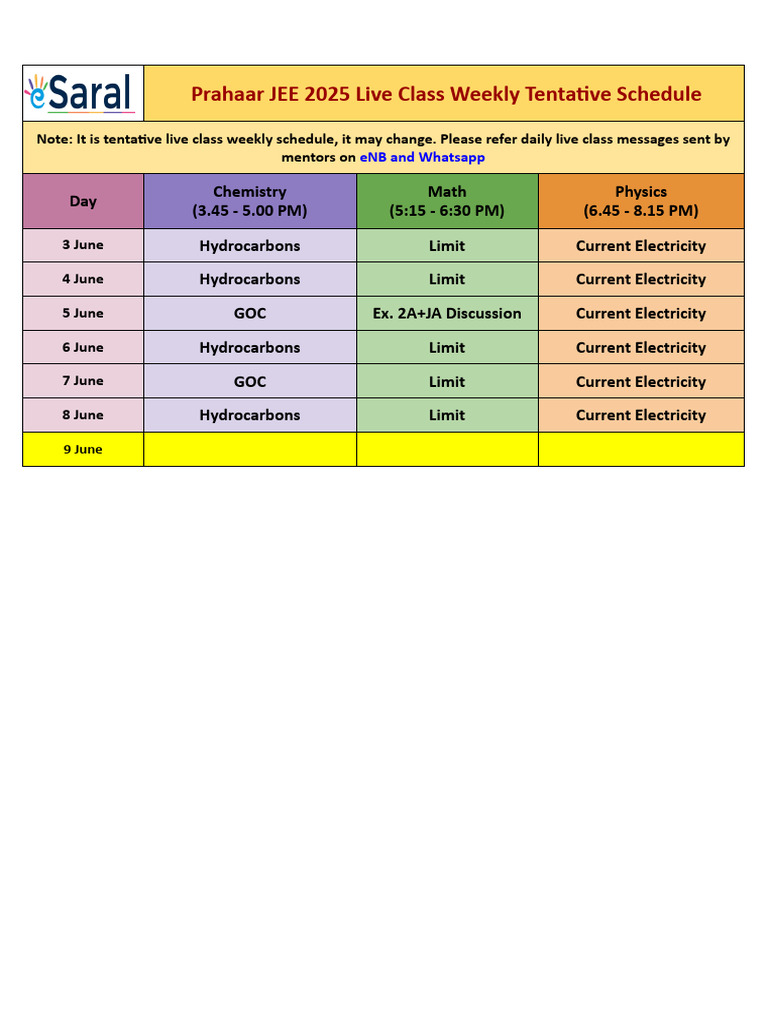 Prahaar JEE 2025 Live Class Weekly Schedule-1 | PDF