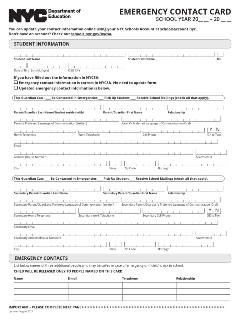 English Emergency Contact Card | PDF | Allergy | Health Care