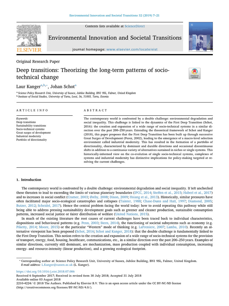 Kanger, Laur, and Johan Schot. Deep Transitions - Theorizing The Long ...