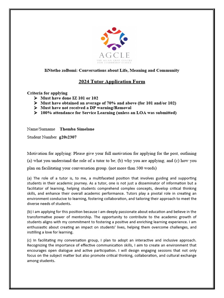 2024 Tutor Application Form | PDF | Leadership | Learning