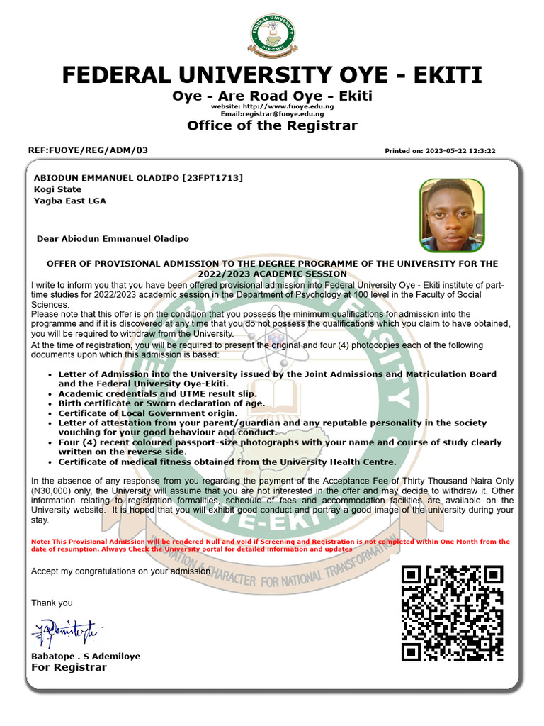 Admission Letter For Abiodun Emmanuel Oladipo - Federal University Oye ... Admission Letter For Abiodun Emmanuel Oladipo - Federal University Oye ...
