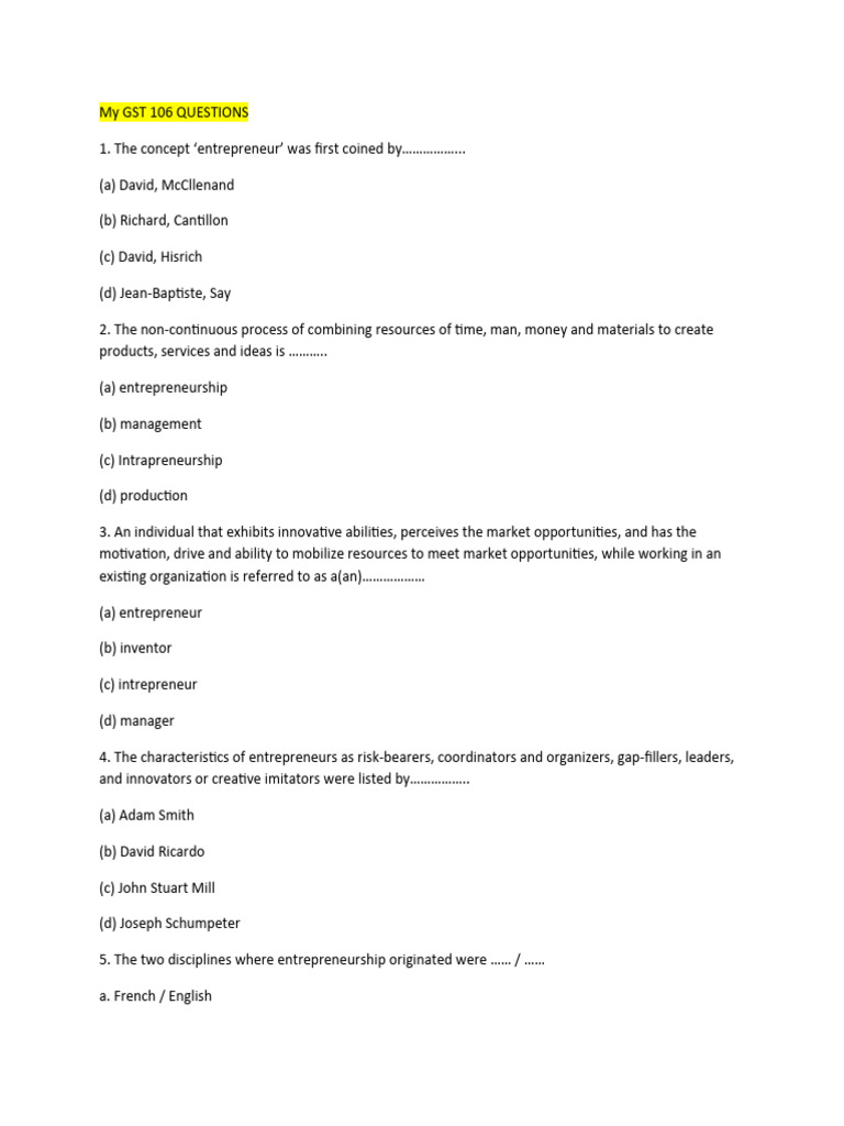 GST 106 PQ by Kingsley-1 | PDF | Entrepreneurship | Factoring (Finance)