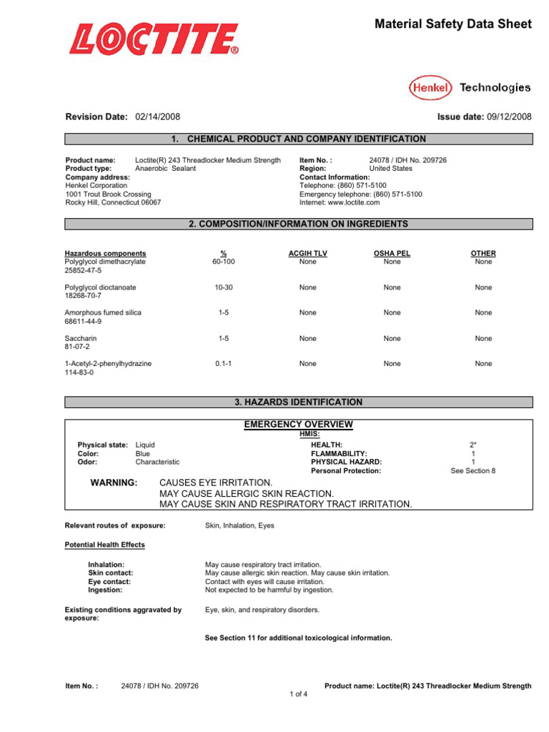 Material Safety Data Sheet - Loctite | PDF | Dangerous Goods | Firefighting