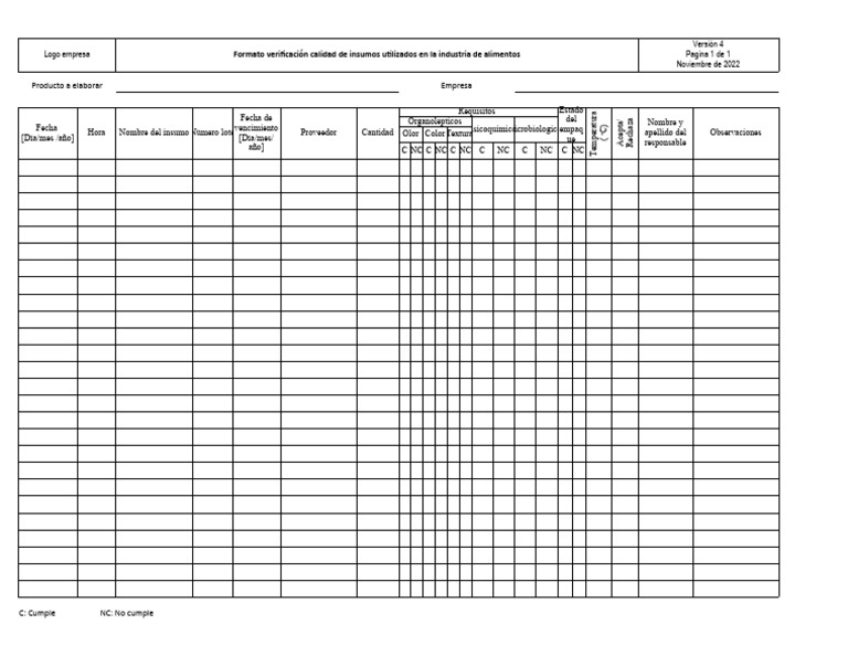 4 Formato Recepcion y Verificacion Calidad de Insumos | PDF