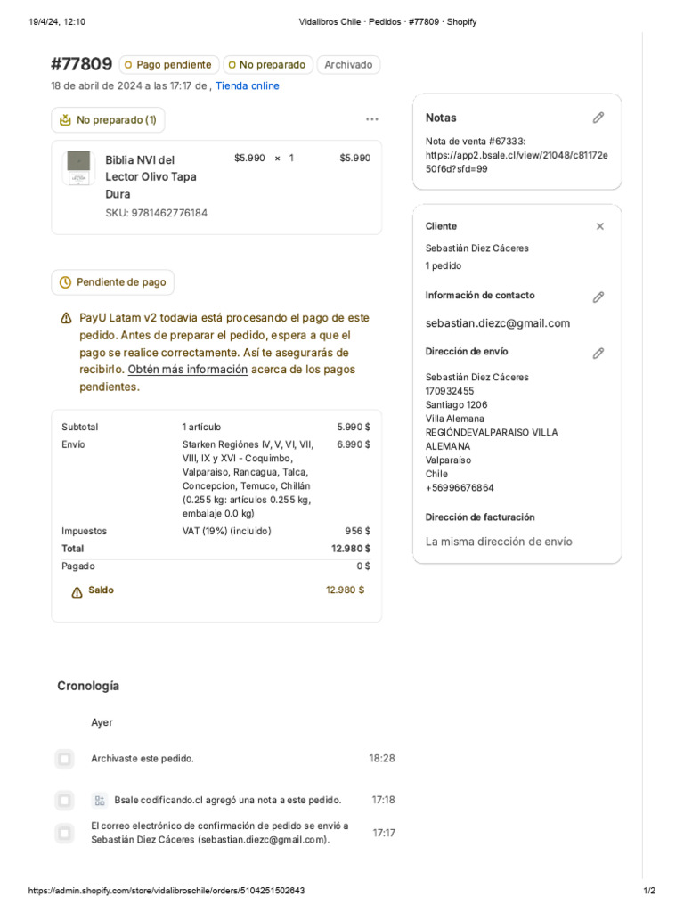 Vidalibros Chile Pedidos #77809 Shopify | PDF | Tecnología bancaria | Comercio electrónico