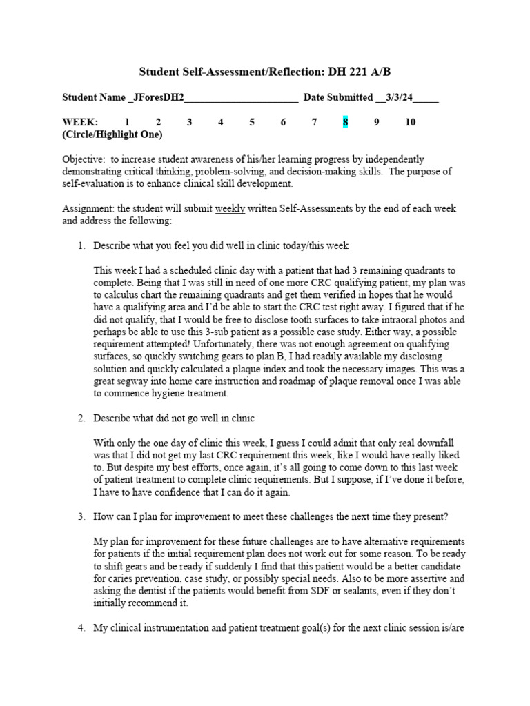 Dh221a wk8 Student Self Assessment Jfloresdh2 | PDF | Health Sciences ...