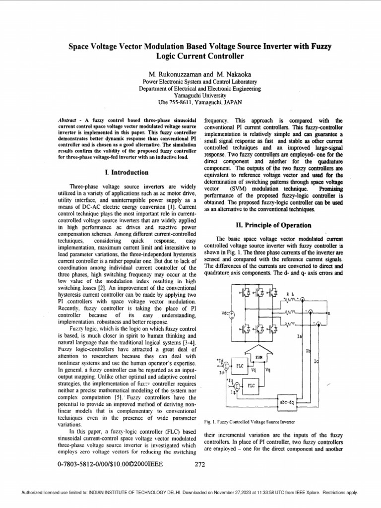 Space Voltage Vector Modulation Based Voltage Source Inverter With Fuzzy Logic Current