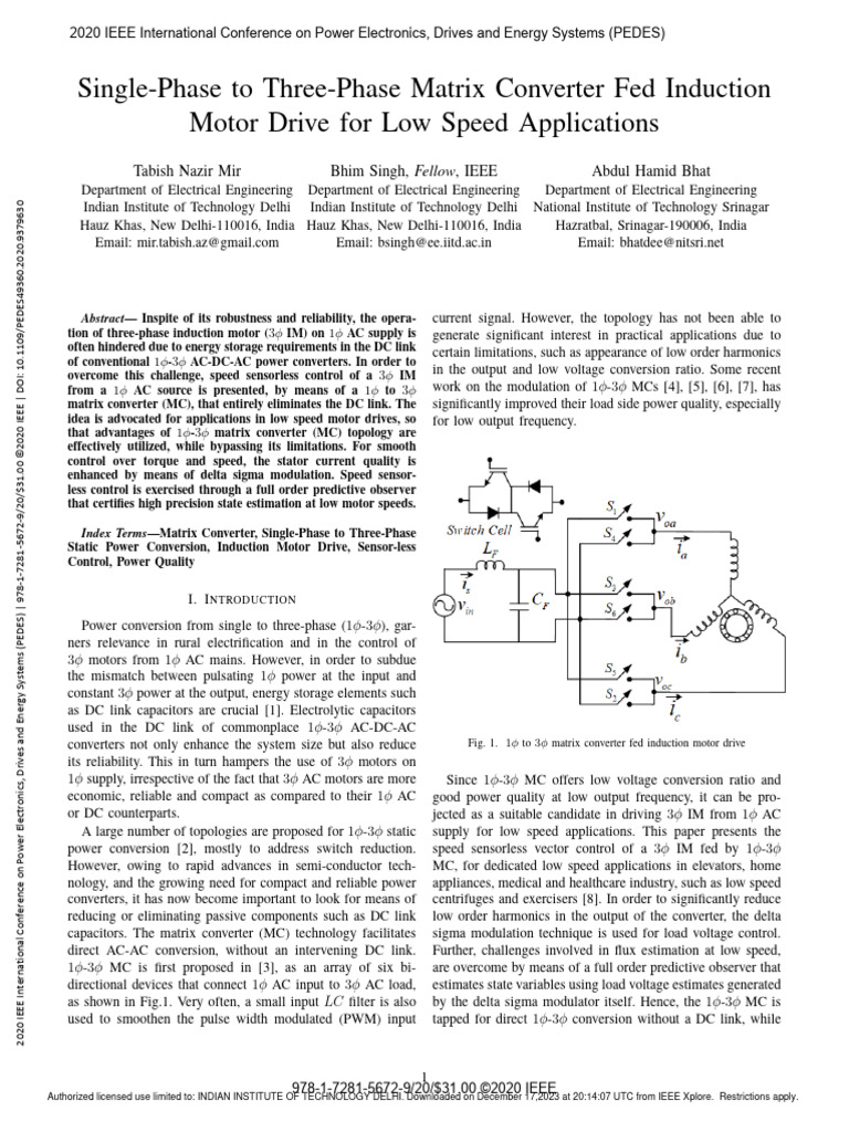 Single-Phase to Three-Phase Matrix Converter Fed Induction Motor Drive ... Single-Phase to Three-Phase Matrix Converter Fed Induction Motor Drive ...