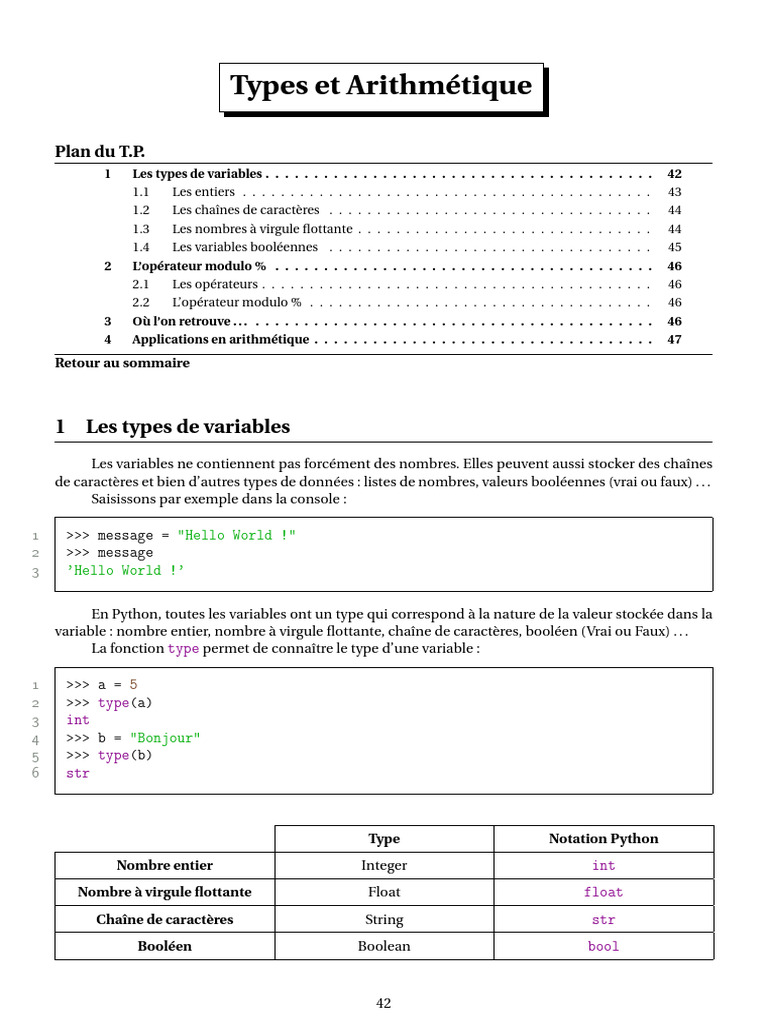 Types de Variables et Arithmétique en Python | PDF | Booléen | Entier ...