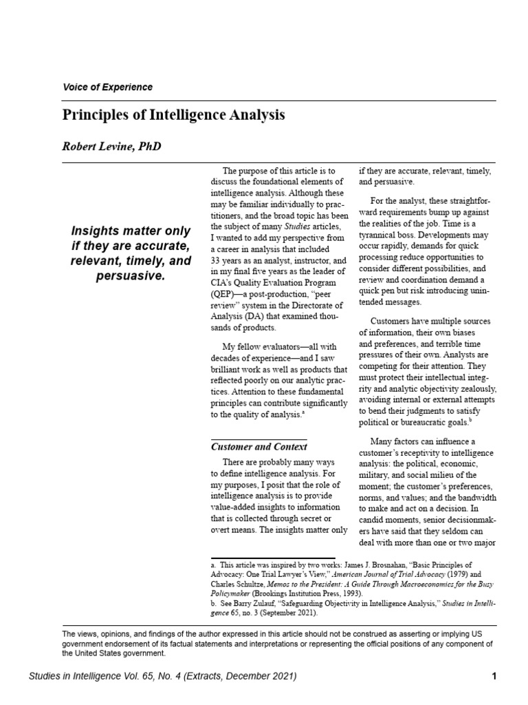 Article Principles of Intelligence Analysis Studies65 4 Dec2021 | PDF ...