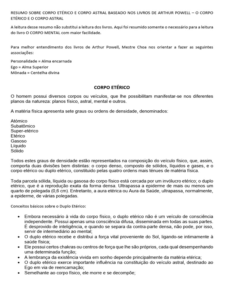 Resumo Sobre Corpo Etérico e Corpo Astral Baseado Nos Livros de Arthur ...