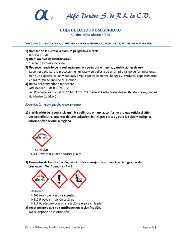 Hoja de Datos de Seguridad Bit 20 | PDF | Quemar | Química