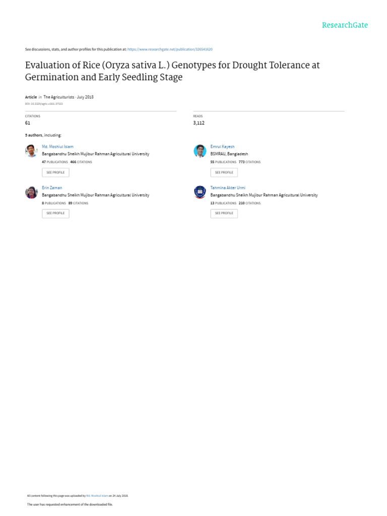 Notypesfor Drought Toleranceat Germinationand Early Seedling Stage | PDF | Rice | Drought