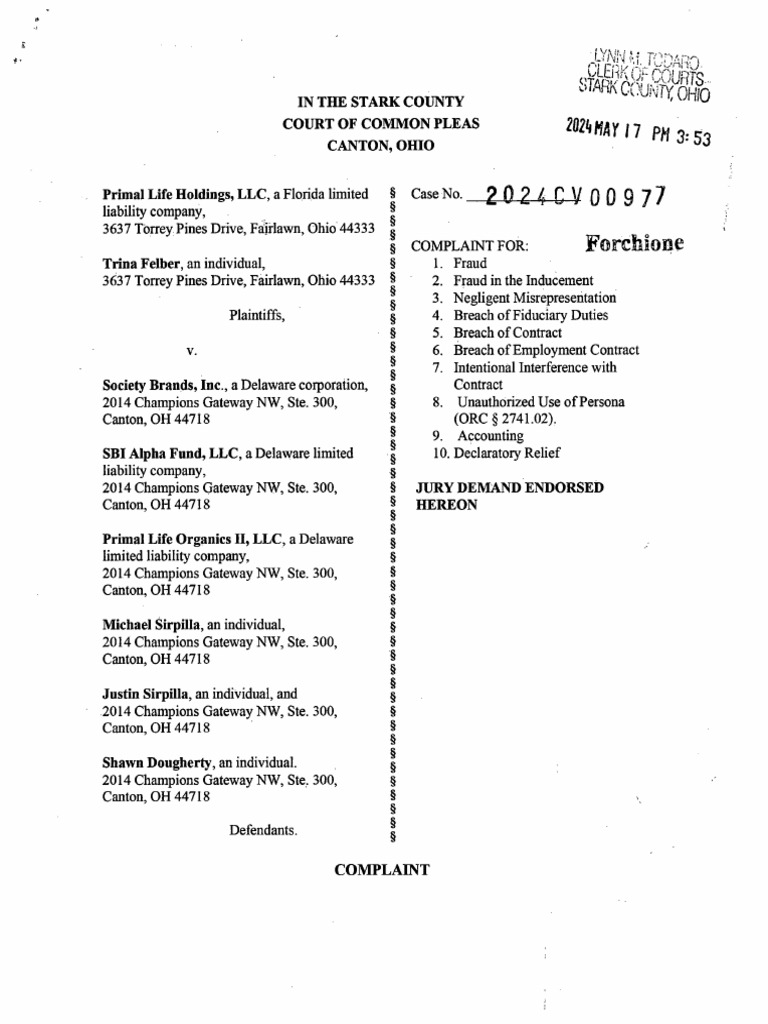 Primal Life Organics Sues Society Brands | PDF
