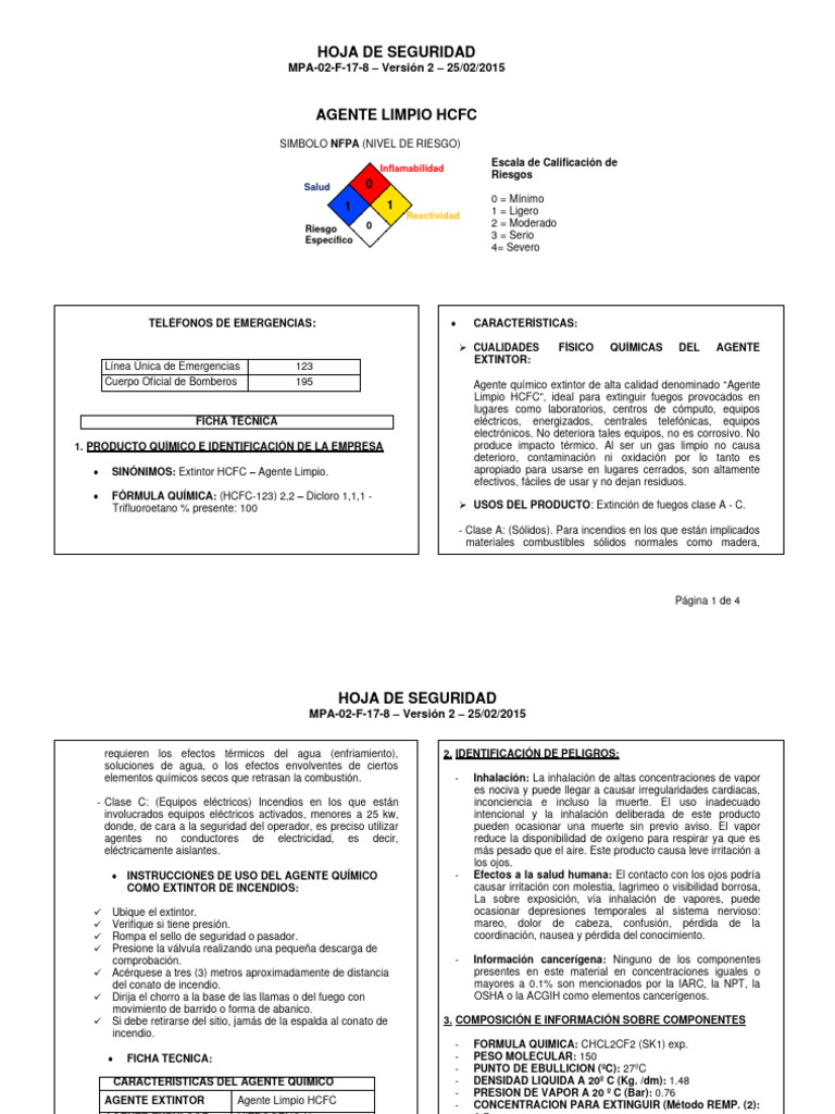Hoja de Seguridad Agente Limpio HCFC - EXDIFA S.A.S. | PDF | Agua | Química