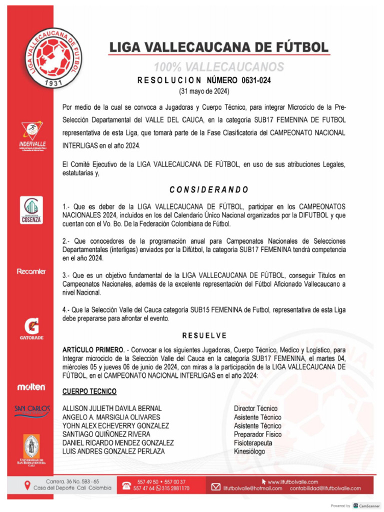 Resol 0631-024 Sel. Valle Sub17 Femenina | PDF