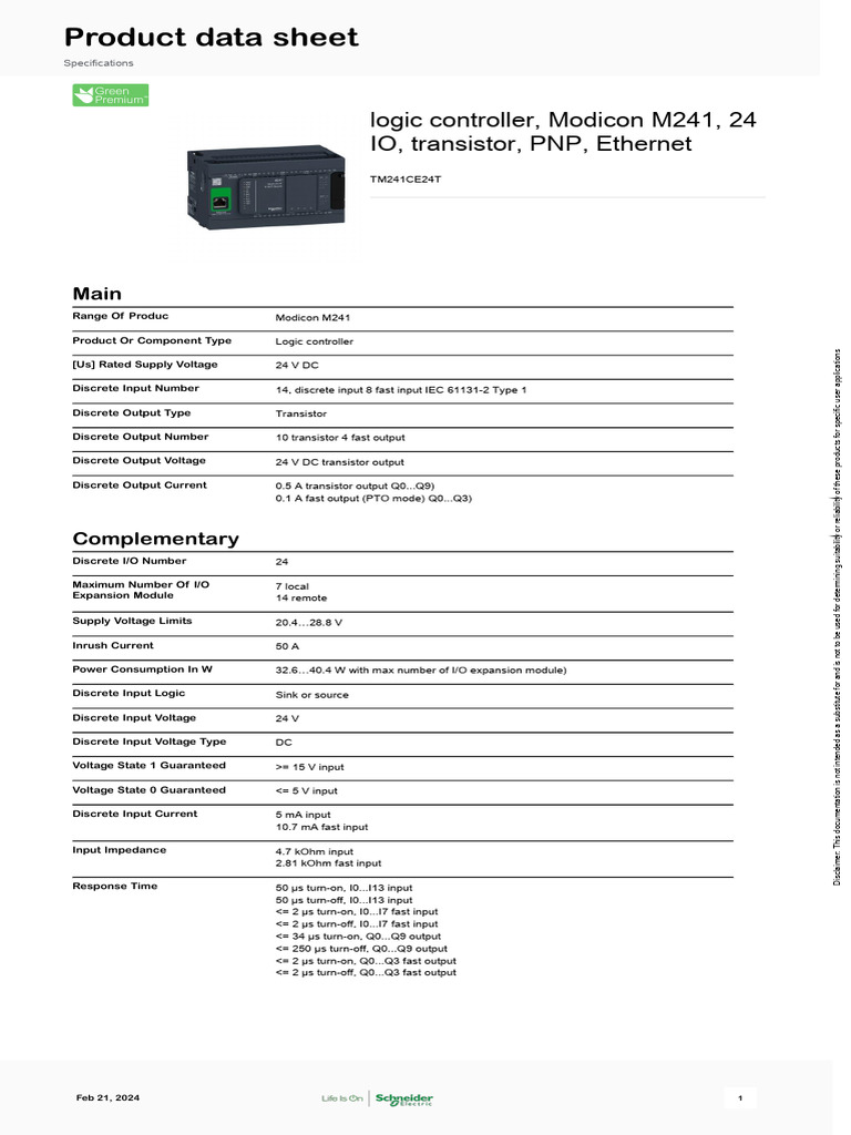 Schneider Electric - Modicon-M241-Micro-PLC - TM241CE24T | Download Free PDF | Programmable ...