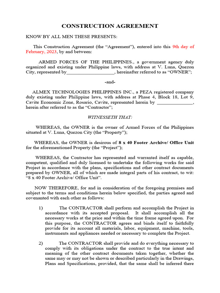 Construction Agreement Sample Pdf Employment Indemnity